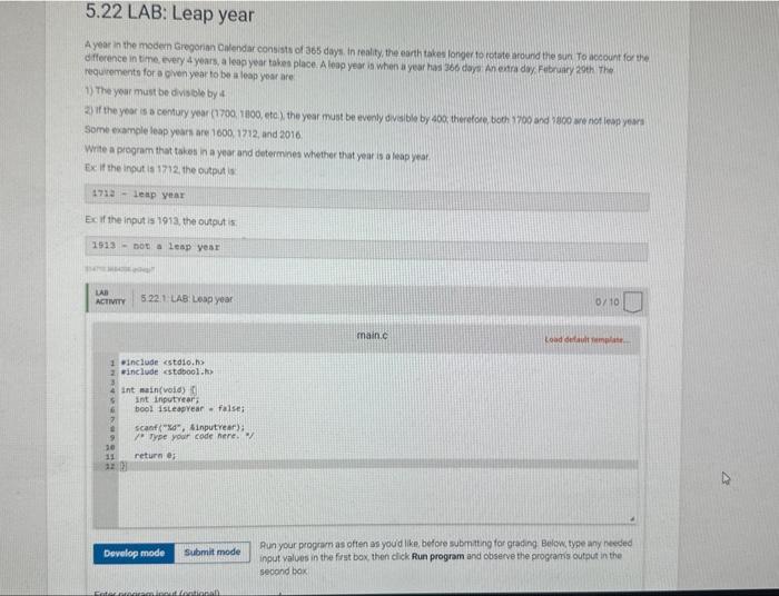 Solved C lenguageA year in the modern Gregorian Calendar | Chegg.com