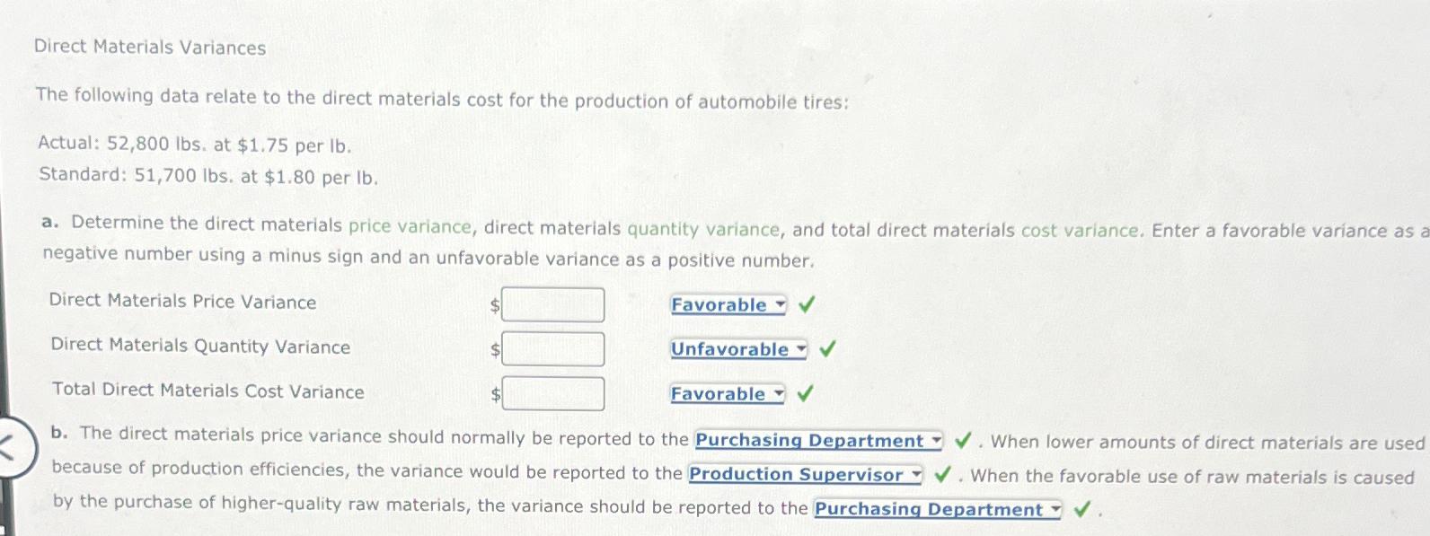 Solved Direct Materials VariancesThe following data relate | Chegg.com