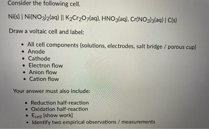 Solved Consider the following cell. Ni(s) | Ni(NO3)2(aq) || | Chegg.com