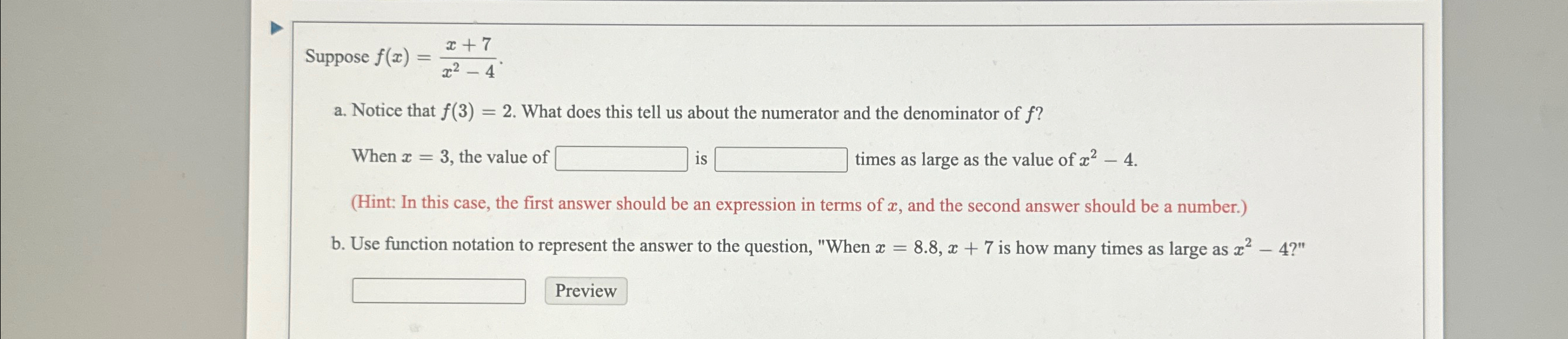 Solved Suppose f(x)=x+7x2-4a. ﻿Notice that f(3)=2. ﻿What | Chegg.com