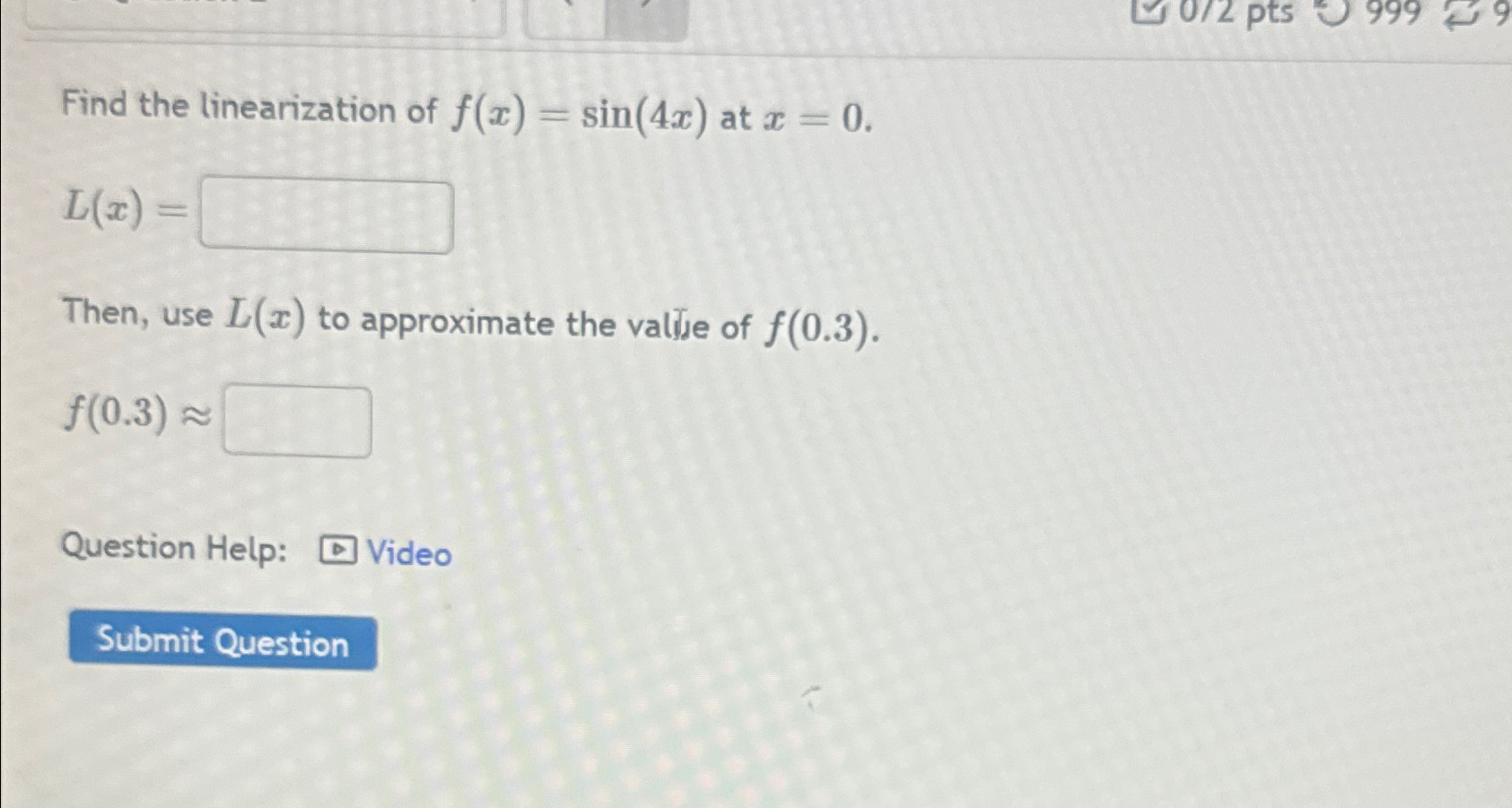 Solved Find the linearization of f(x)=sin(4x) ﻿at | Chegg.com