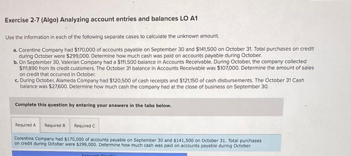 Solved Exercise 2-7 (Algo) Analyzing account entries and | Chegg.com