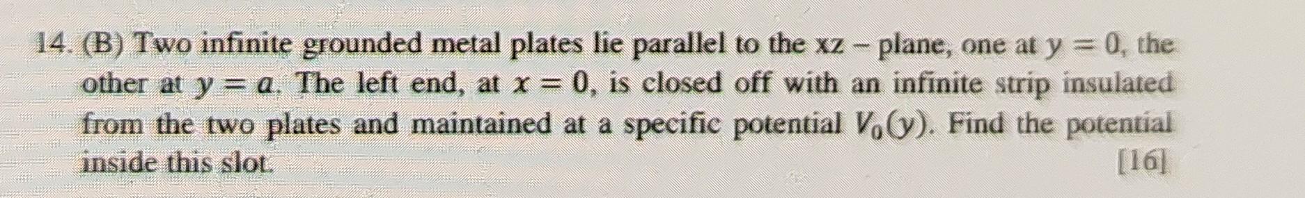 Solved 14. (B) Two infinite grounded metal plates lie | Chegg.com