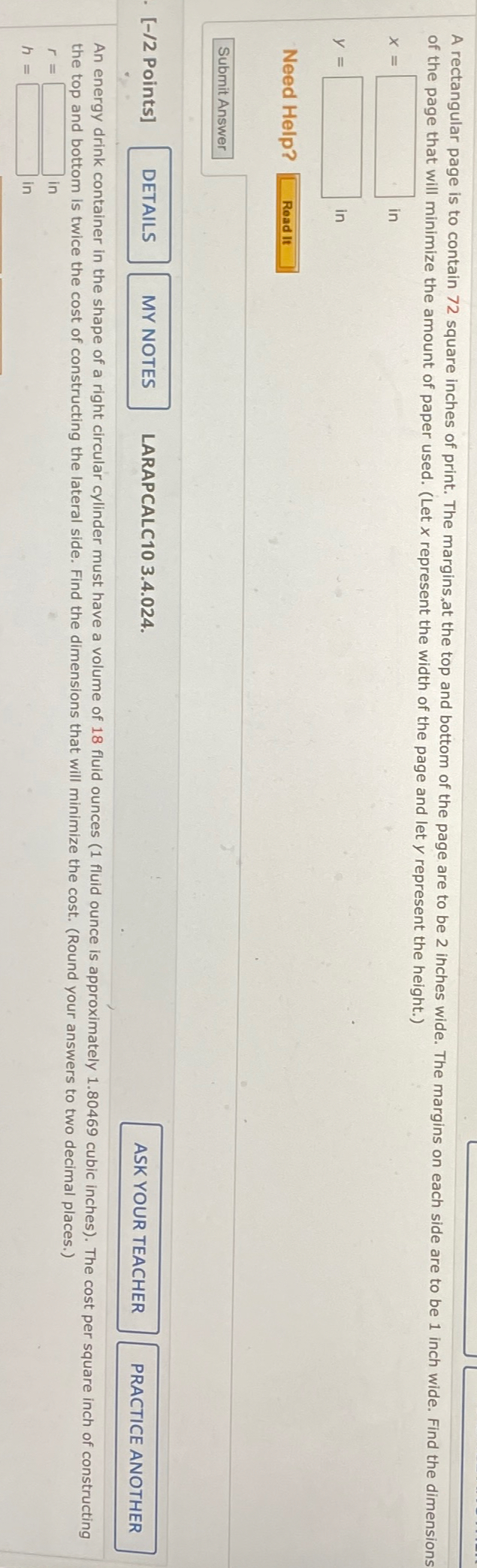 Solved A rectangular page is to contain 72 ﻿square inches of | Chegg.com