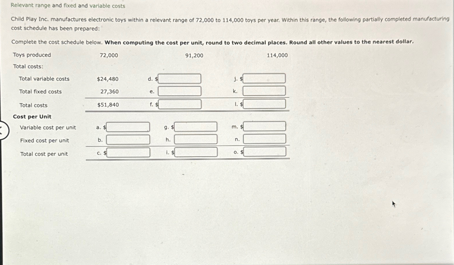 Solved Relevant range and fixed and variable costsChild Play | Chegg.com