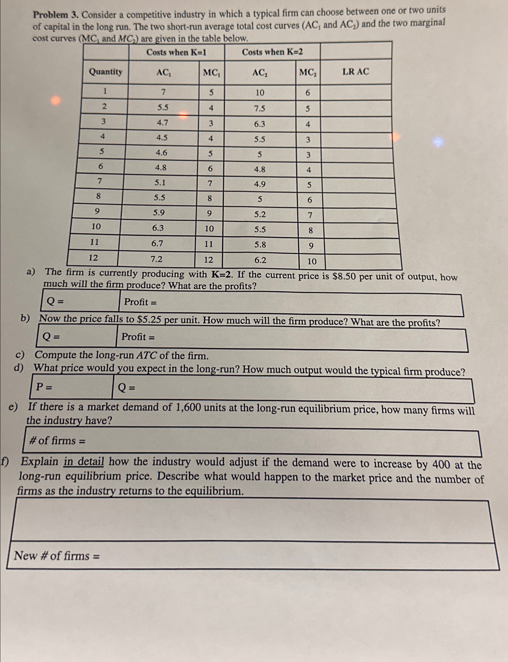 Solved Table + ﻿a) ﻿b) ﻿c) ﻿d) ﻿e) ﻿f) ﻿new number of firms | Chegg.com