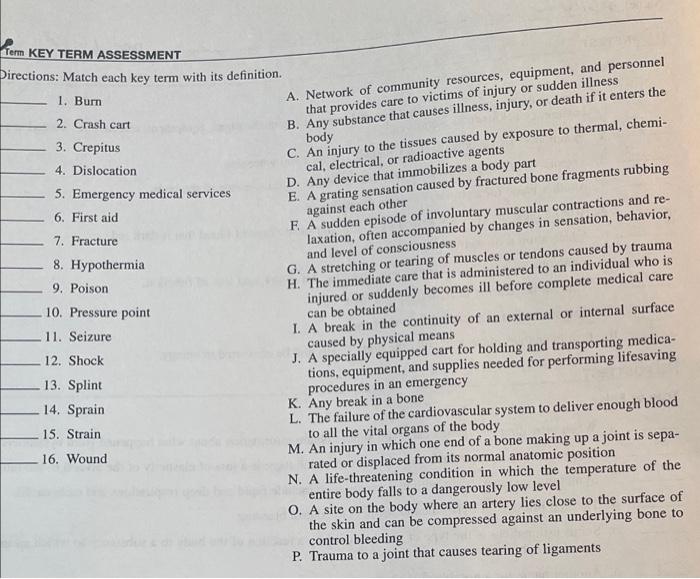 Solved Term KEY TERM ASSESSMENT Directions: Match each key | Chegg.com