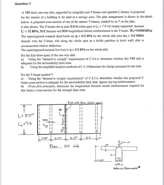 Question 1A 150 ﻿thick one-way slab, supported by | Chegg.com