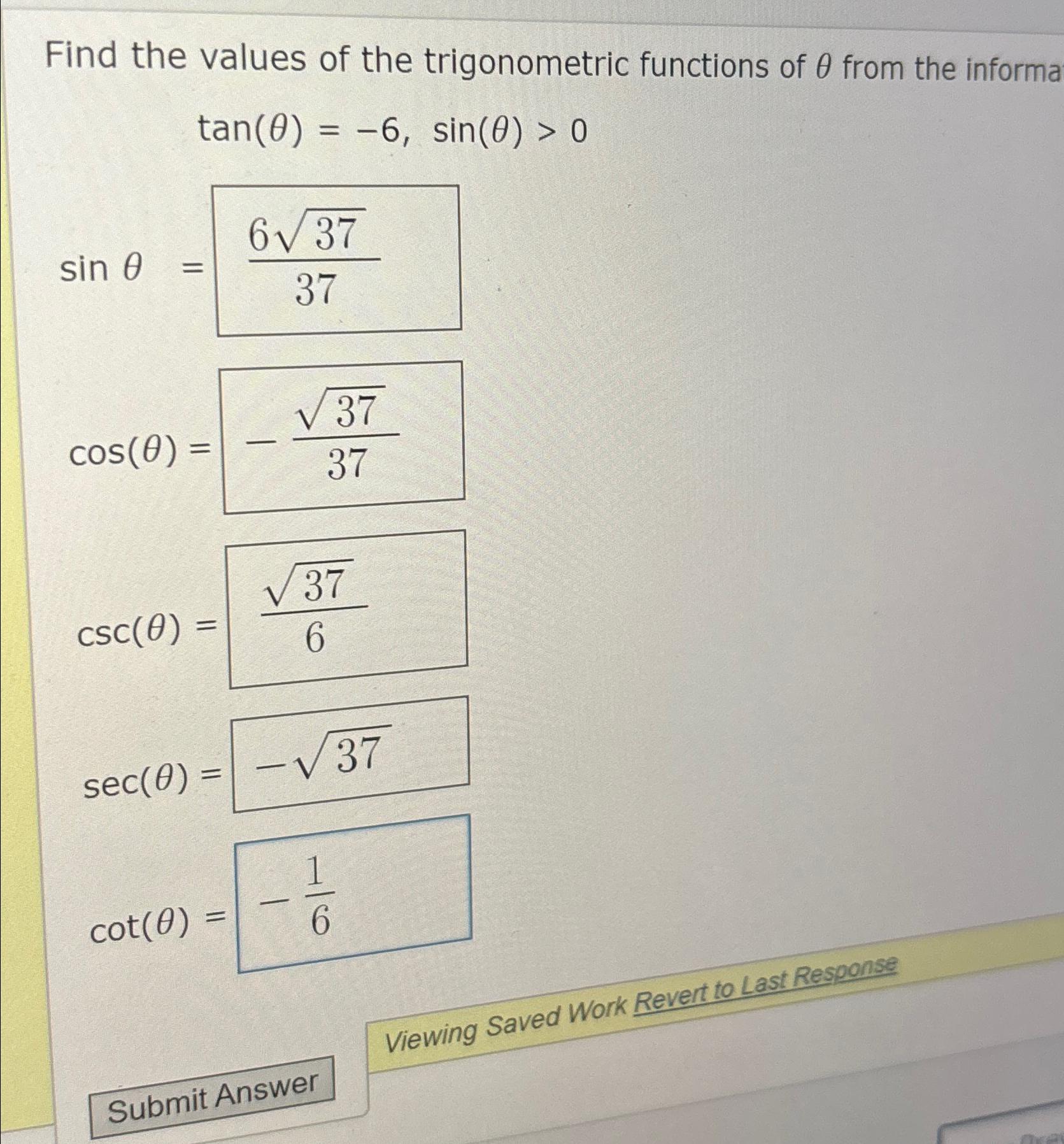 Solved Find the values of the trigonometric functions of θ | Chegg.com