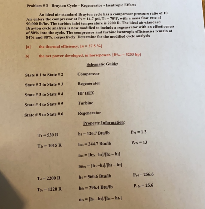 Solved Problem #3 Brayton Cycle - Regenerator - Isentropic | Chegg.com