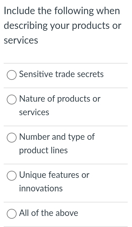 Solved Include the following when describing your products | Chegg.com