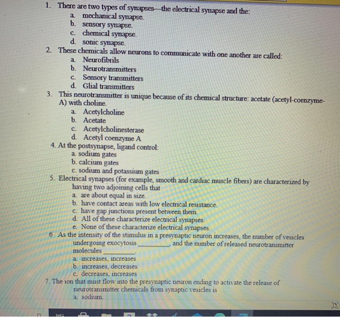 Solved 1. There are two types of synapses the electrical | Chegg.com