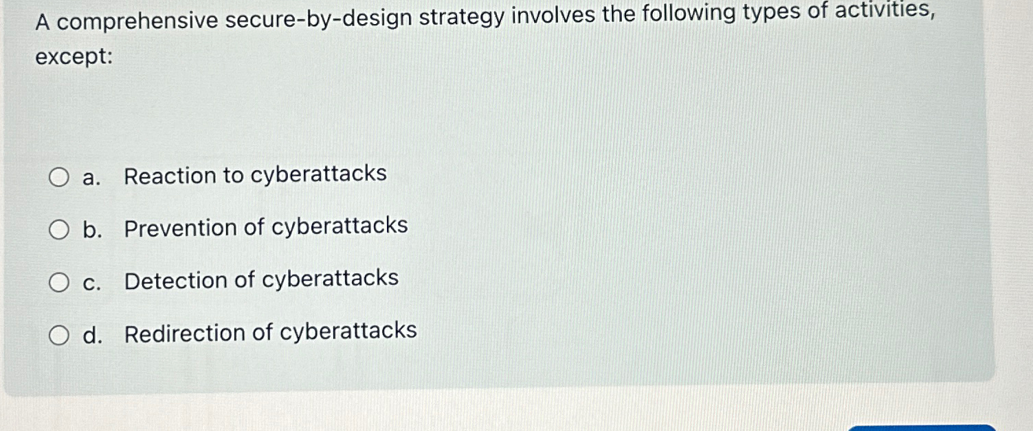 Solved A comprehensive secure-by-design strategy involves | Chegg.com