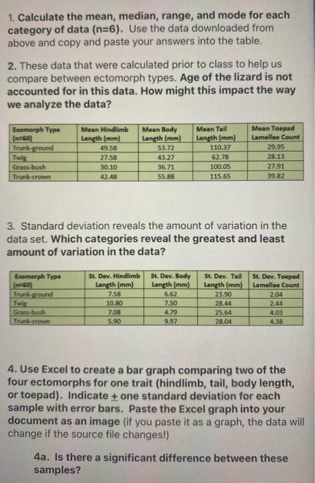 Solved 1. Calculate the mean, median, range, and mode for | Chegg.com