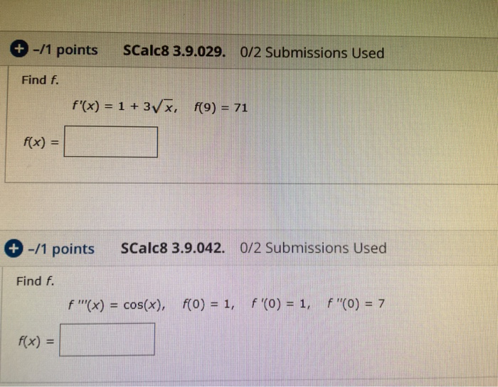 Solved + -/1 points SCalc8 3.9.029. 0/2 Submissions Used | Chegg.com Solved + -/1 points SCalc8 3.9.029. 0/2 Submissions Used | Chegg.com