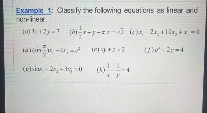 Solved Example 1: Classify the following equations as linear | Chegg.com