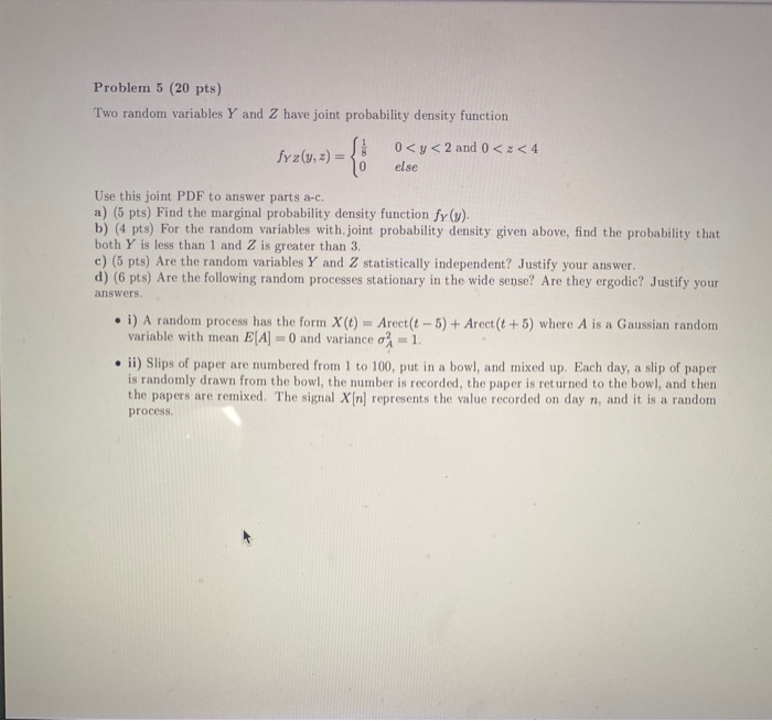 Solved Problem 5 (20 pts) Two random variables Y and Z have | Chegg.com