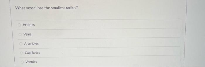 Solved What vessel has the smallest radius? Arteries Veins | Chegg.com