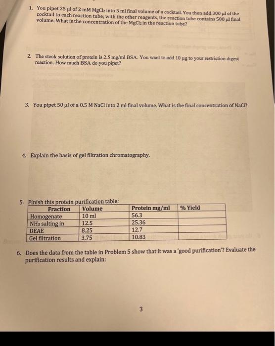 Solved 1. You pipet 25μl of 2mMMgCl into 5ml final volume of | Chegg.com