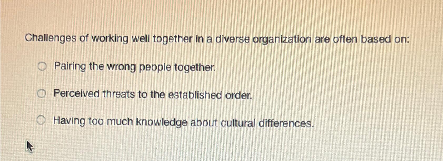 Solved Challenges of working well together in a diverse | Chegg.com