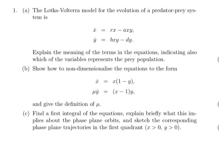 (a) The Lotka-Volterra model for the evolution of a | Chegg.com