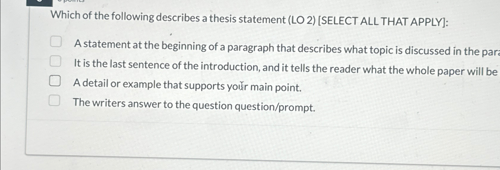 Solved Which of the following describes a thesis statement | Chegg.com