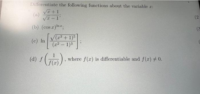 Solved Differentiate the following functions about the | Chegg.com
