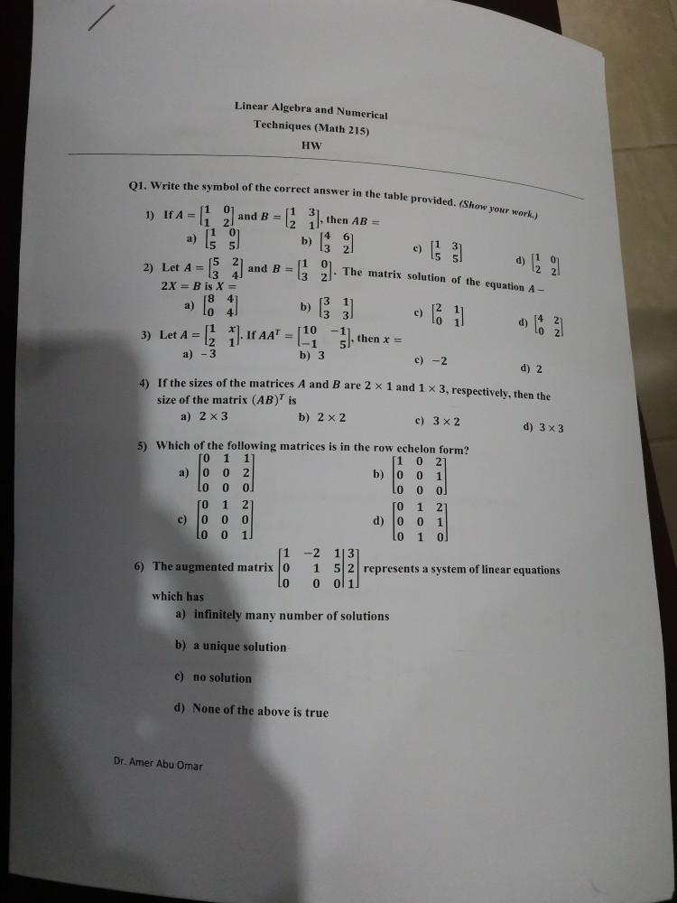 Solved Linear Algebra and Numerical Techniques (Math 215) HW | Chegg.com