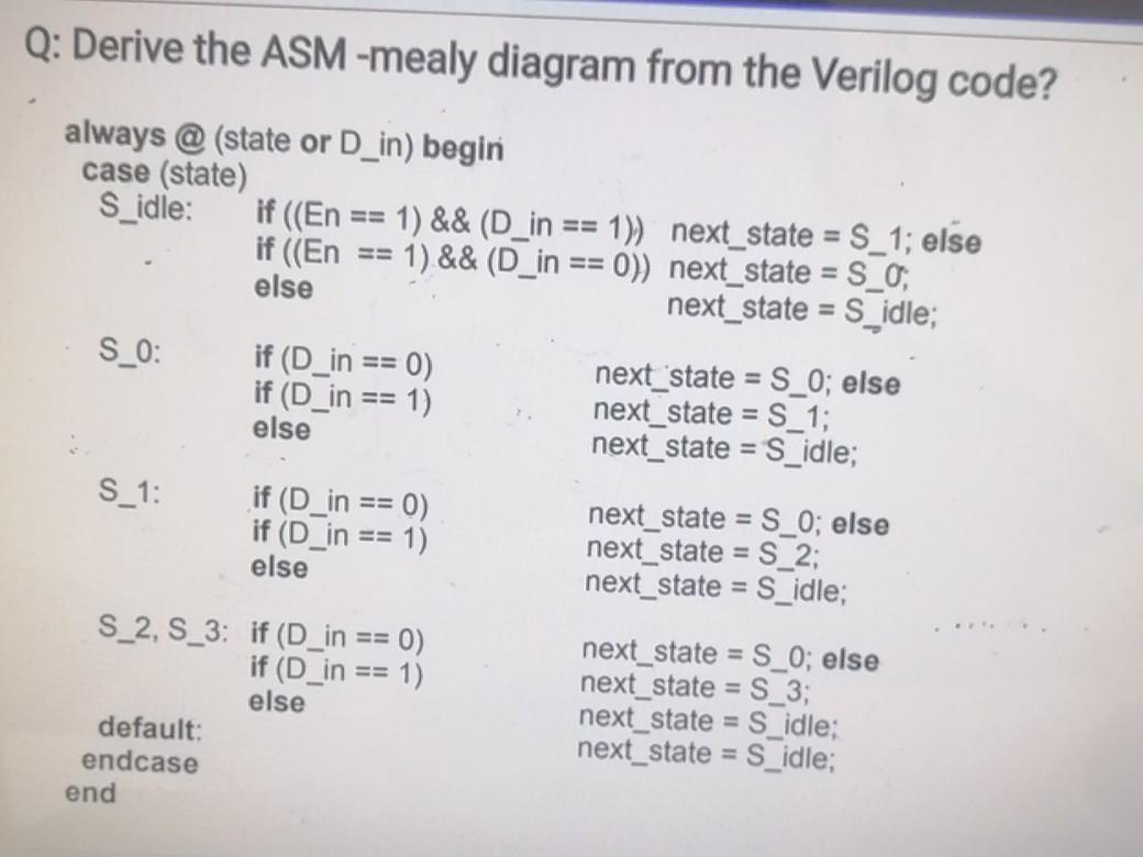 Solved Q: Derive the ASM -mealy diagram from the Verilog | Chegg.com