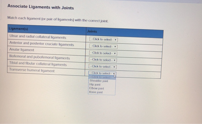 Solved Associate Ligaments with Joints Match each ligament | Chegg.com