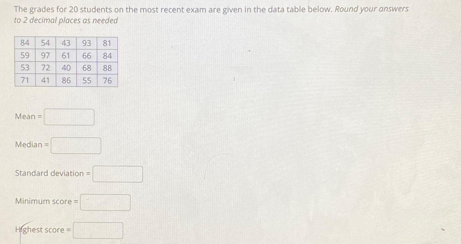 Solved The grades for 20 ﻿students on the most recent exam | Chegg.com