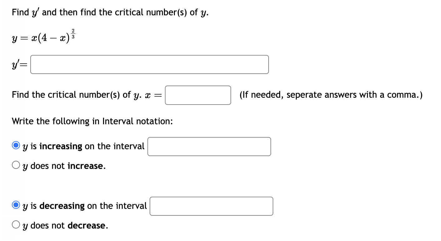 Find y' ﻿and then find the critical number(s) ﻿of | Chegg.com