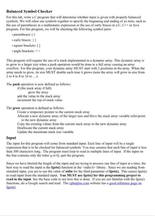 Solved Balanced Symbol Checker For this lab, write a program | Chegg.com