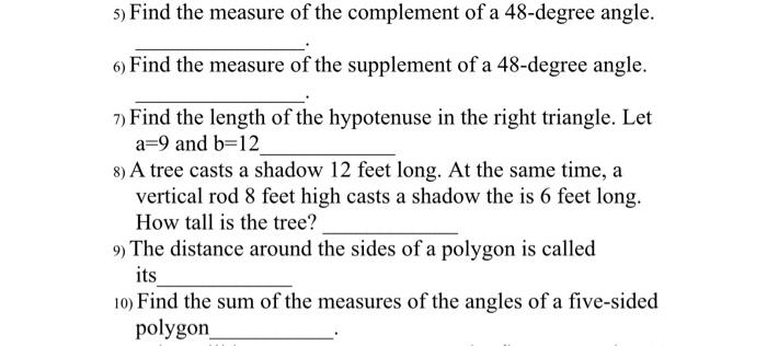 Solved 5) Find the measure of the complement of a 48-degree | Chegg.com