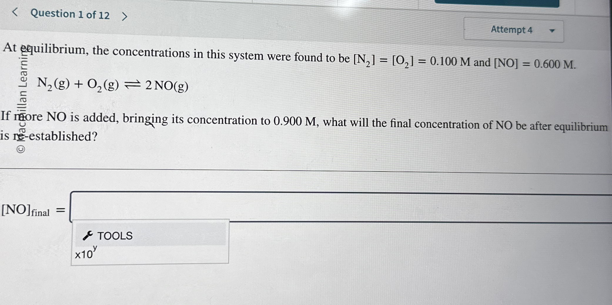Solved Question 1 ﻿of 12At equilibrium, the concentrations | Chegg.com