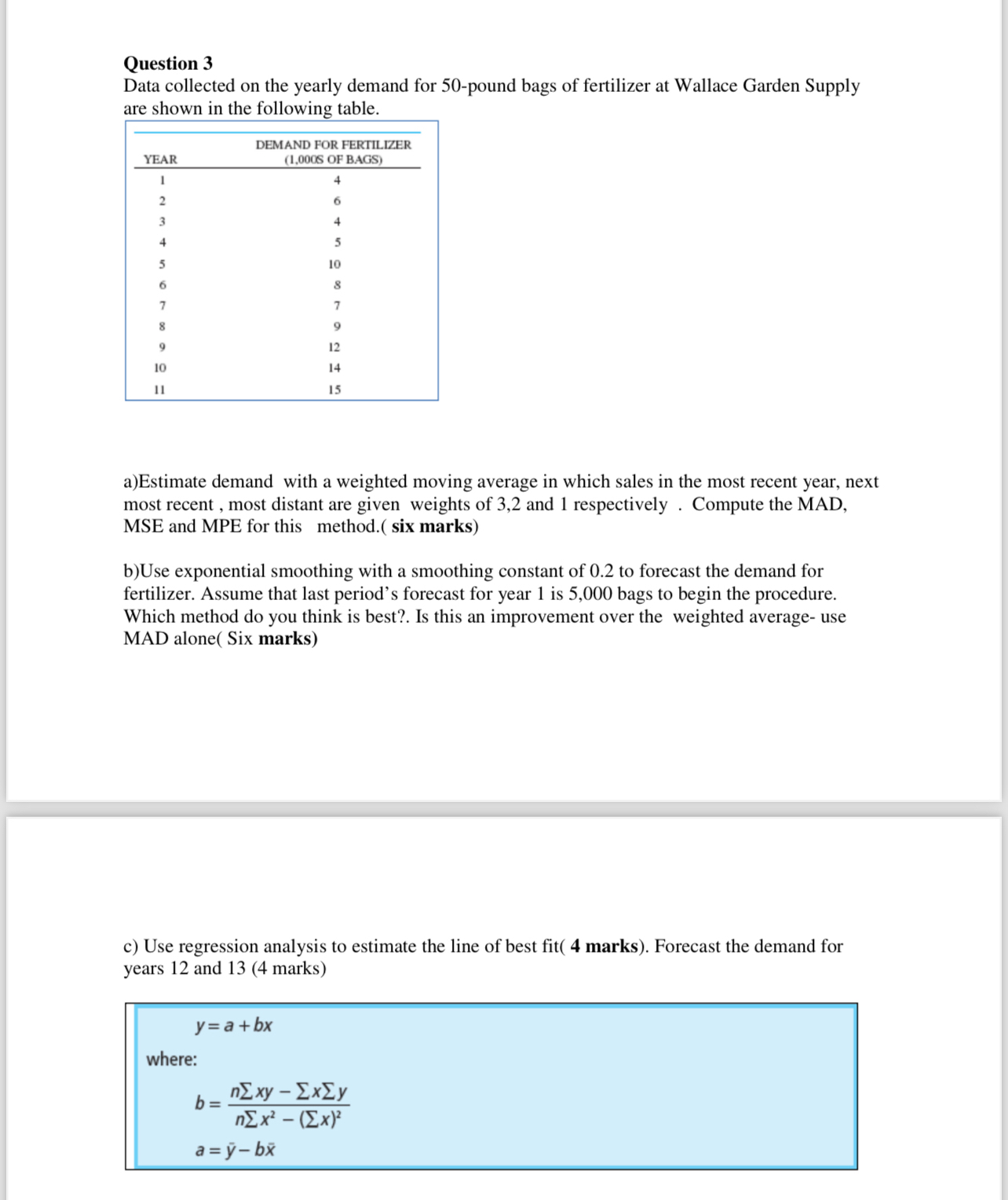 Solved Question 3Data collected on the yearly demand for | Chegg.com