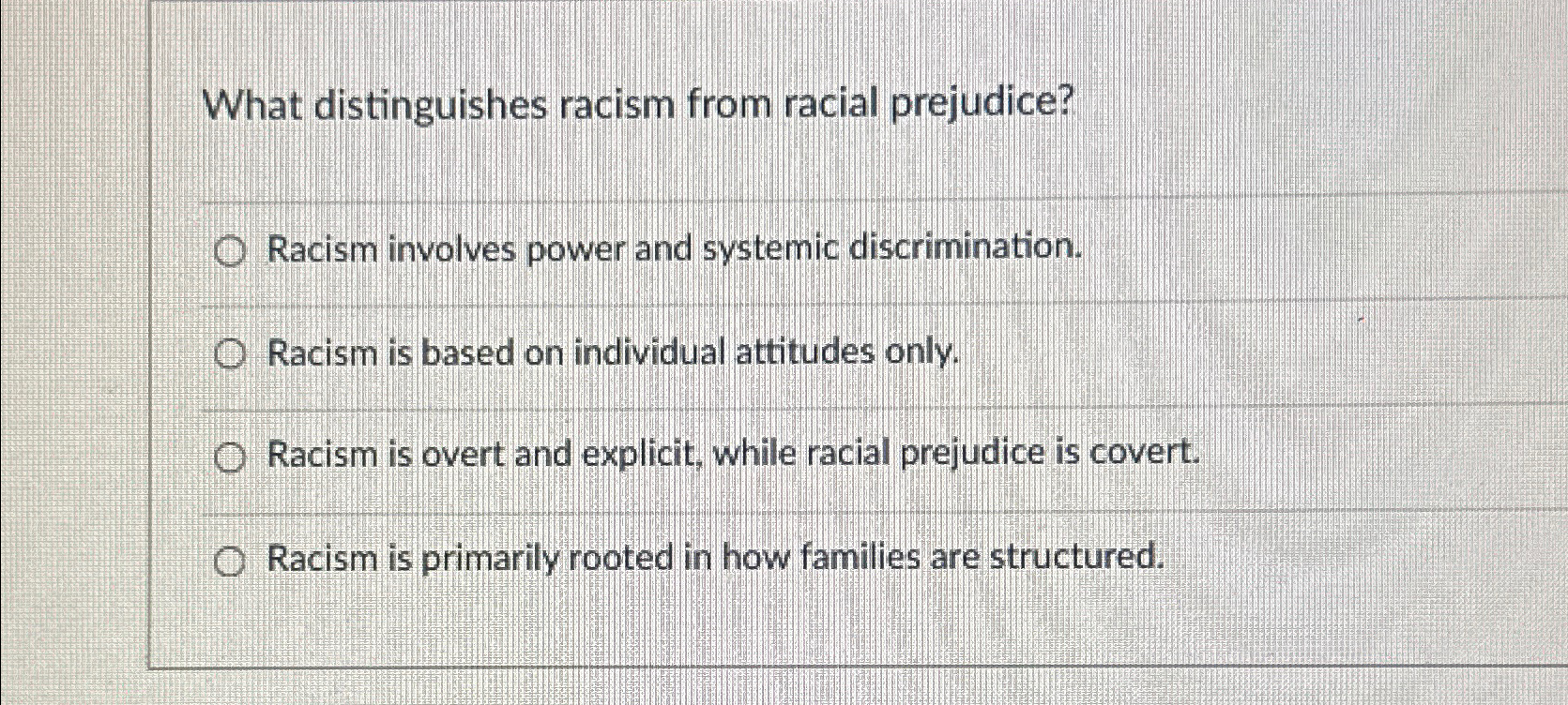 Solved What distinguishes racism from racial | Chegg.com
