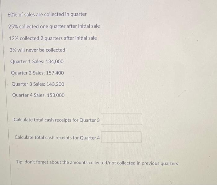 Solved 60% of sales are collected in quarter 25% collected | Chegg.com