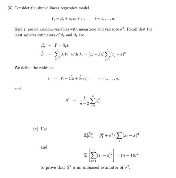Solved (5) Consider the simple linear regression model | Chegg.com
