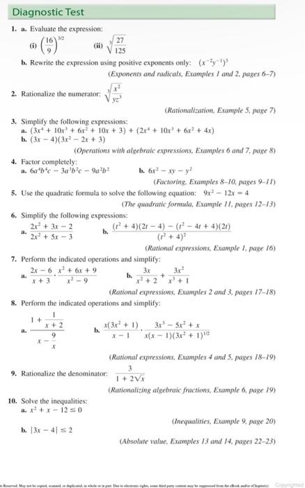 Solved Diagnostic Test 1. a. Evaluate the expression: (i) 1) | Chegg.com