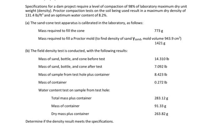 Solved Specifications for a dam project require a level of | Chegg.com