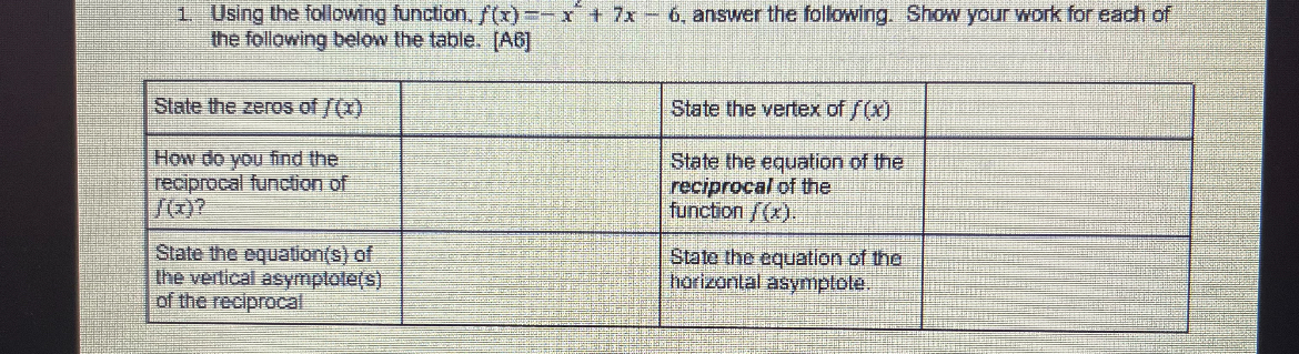 Solved Using the following function. f(x)=-x2+7x-6, ﻿answer | Chegg.com
