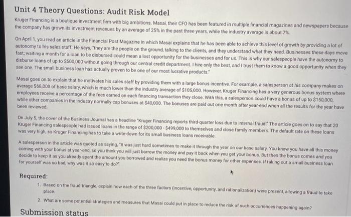 Solved Unit 4 Theory Questions: Audit Risk Model Kruger | Chegg.com
