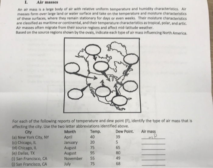Solved I. Air masses An air mass is a large body of air with | Chegg.com