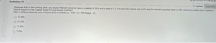 Solved Merck Basted on the Capital Aetet Pricing Model | Chegg.com