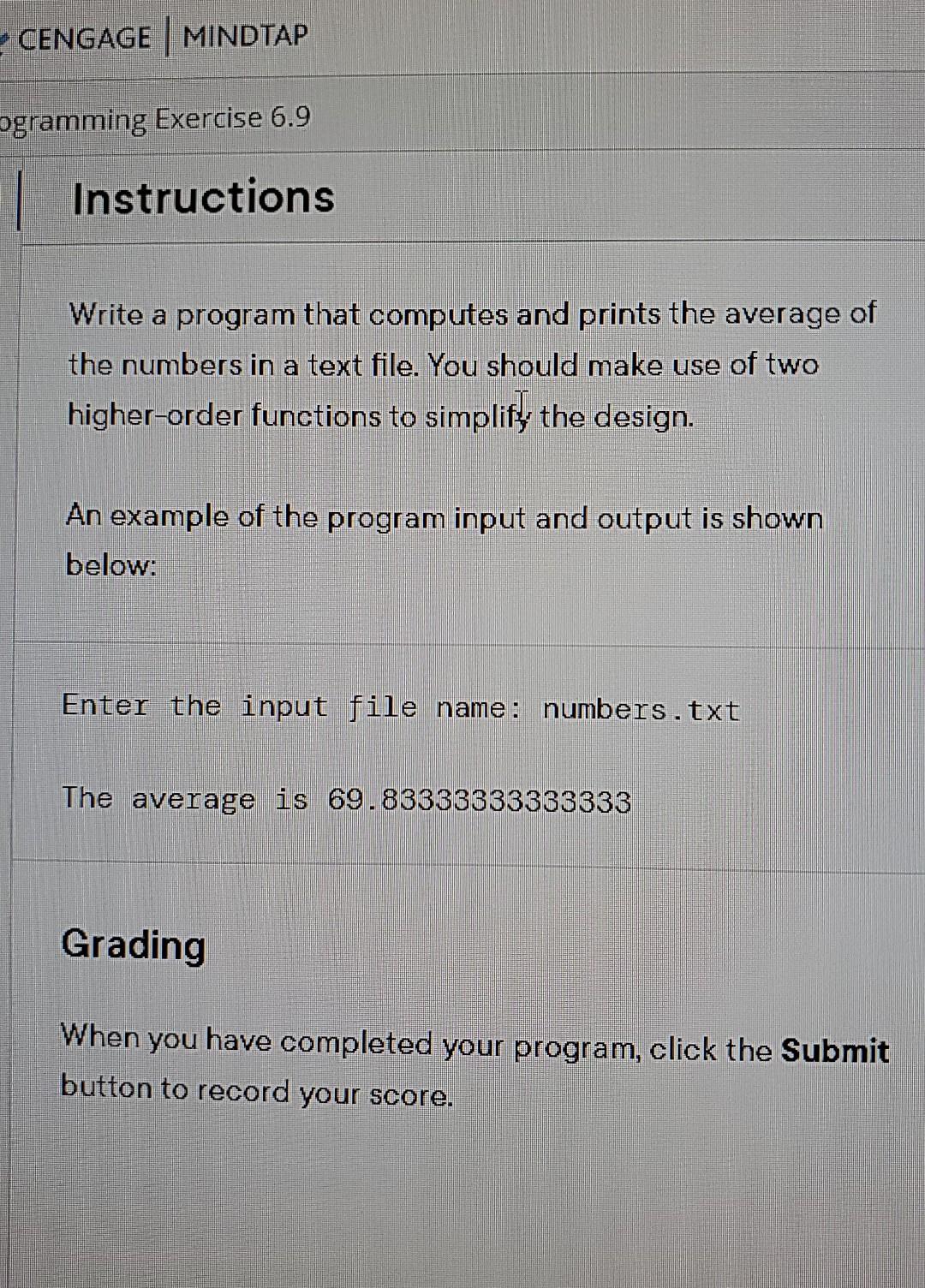 Solved CENGAGE | MINDTAP ogramming Exercise 6.9 Instructions | Chegg.com
