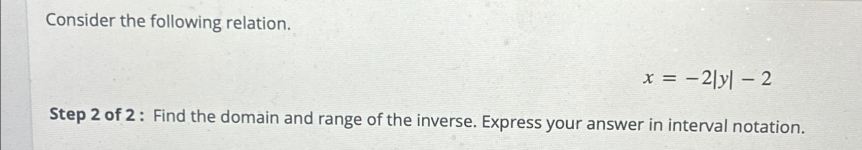 Solved Consider the following relation.x=-2|y|-2Step 2 ﻿of | Chegg.com