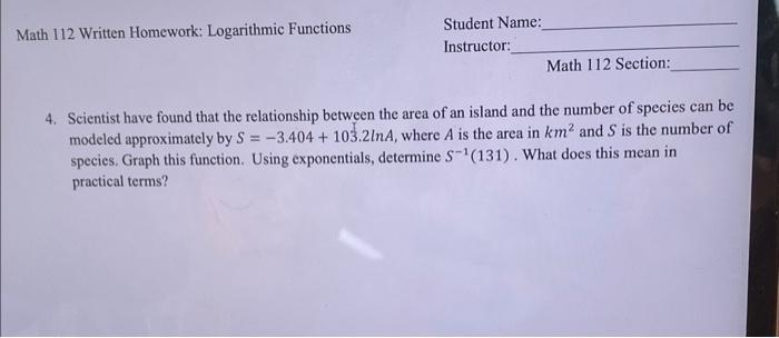 Solved Math 112 Written Homework Logarithmic Functions