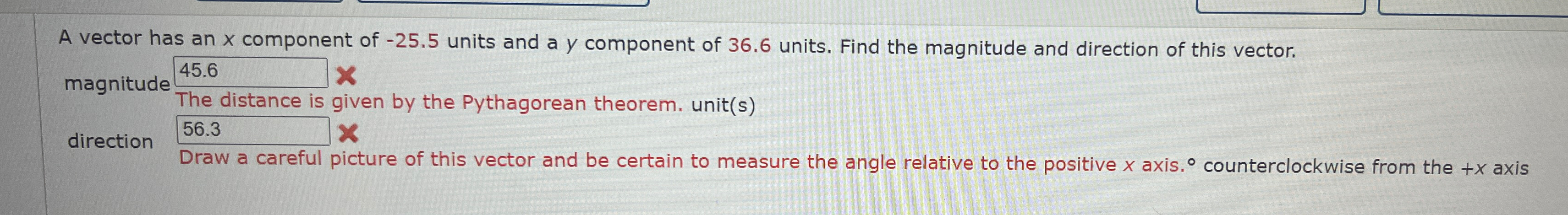 Solved A vector has an x ﻿component of -25.5 ﻿units and a y | Chegg.com