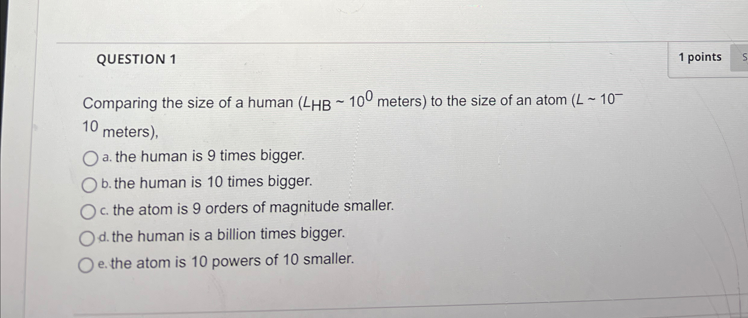 Solved QUESTION 1Comparing the size of a human meters | Chegg.com